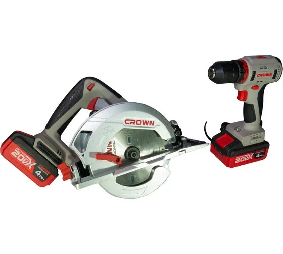 Набор инструмента CROWN пила дисковая (кейс), дрель-шупруповерт, универсальный аккумулятор 20VMax CT25002-165HX-4 BMC + CT21091HX