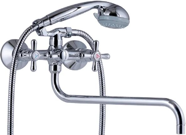 Смеситель с длинным изливом для ванны Kaiser Carlson 11055 с душевым гарнитуром, поворотный, латунный, хром, глянцевый, смеситель для ванны с душем, вентильный