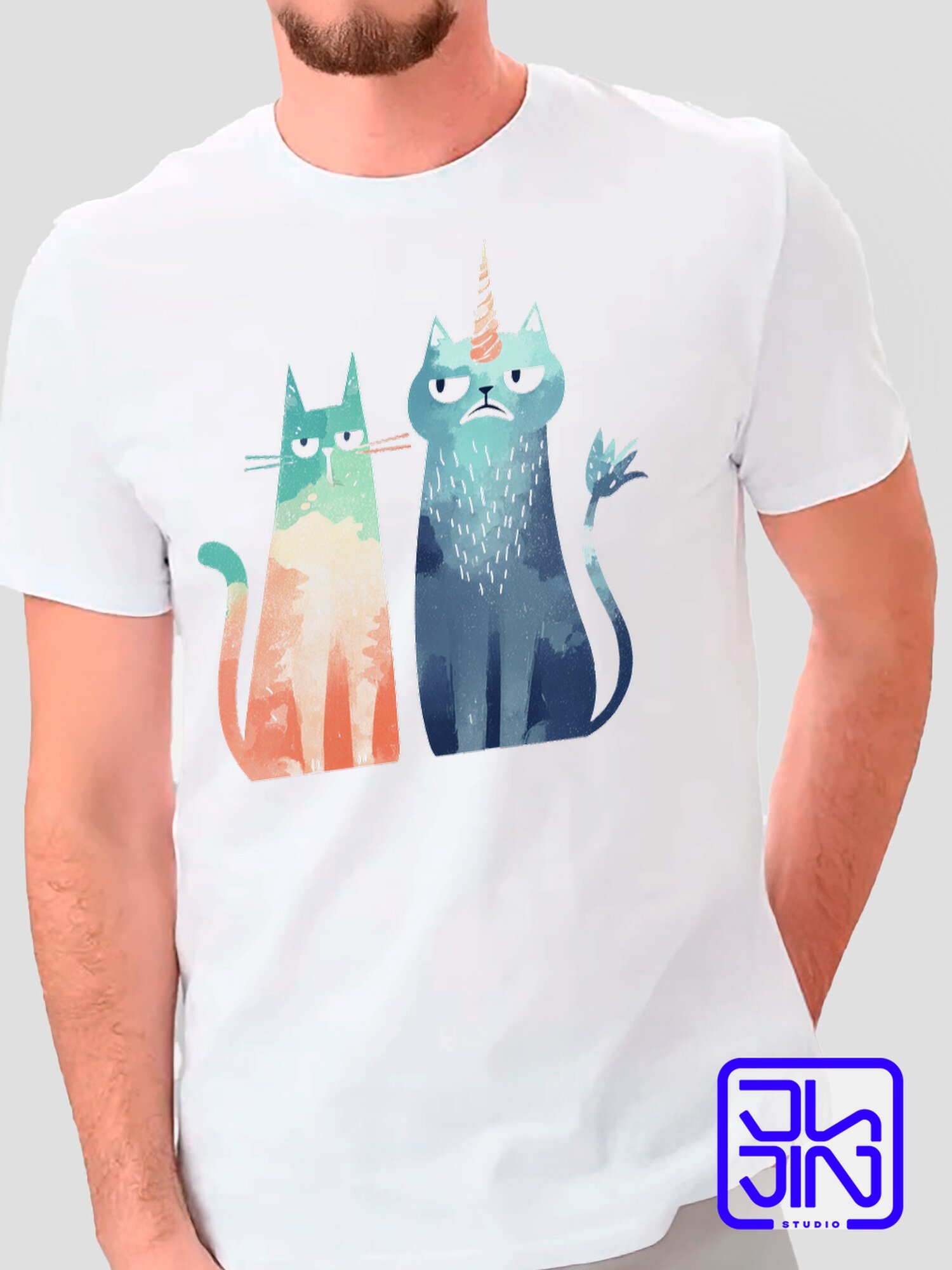 Футболка классическая мужская с авторским принтом Смешные темно-синие и морская волна кошки с единорогом и мемами оригинальные, белый хлопковый трикотаж с прикольным рисунком на груди