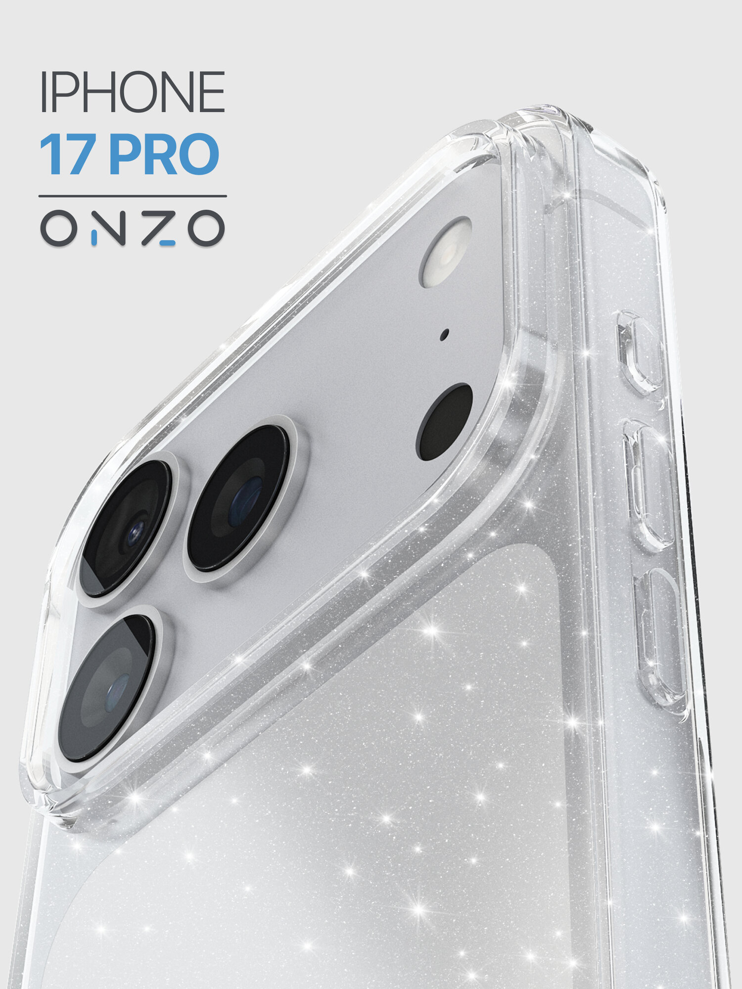 Прозрачный чехол на Айфон 17 про/ Защитный бампер для iPhone 17 pro тонкий с серебряными блестками