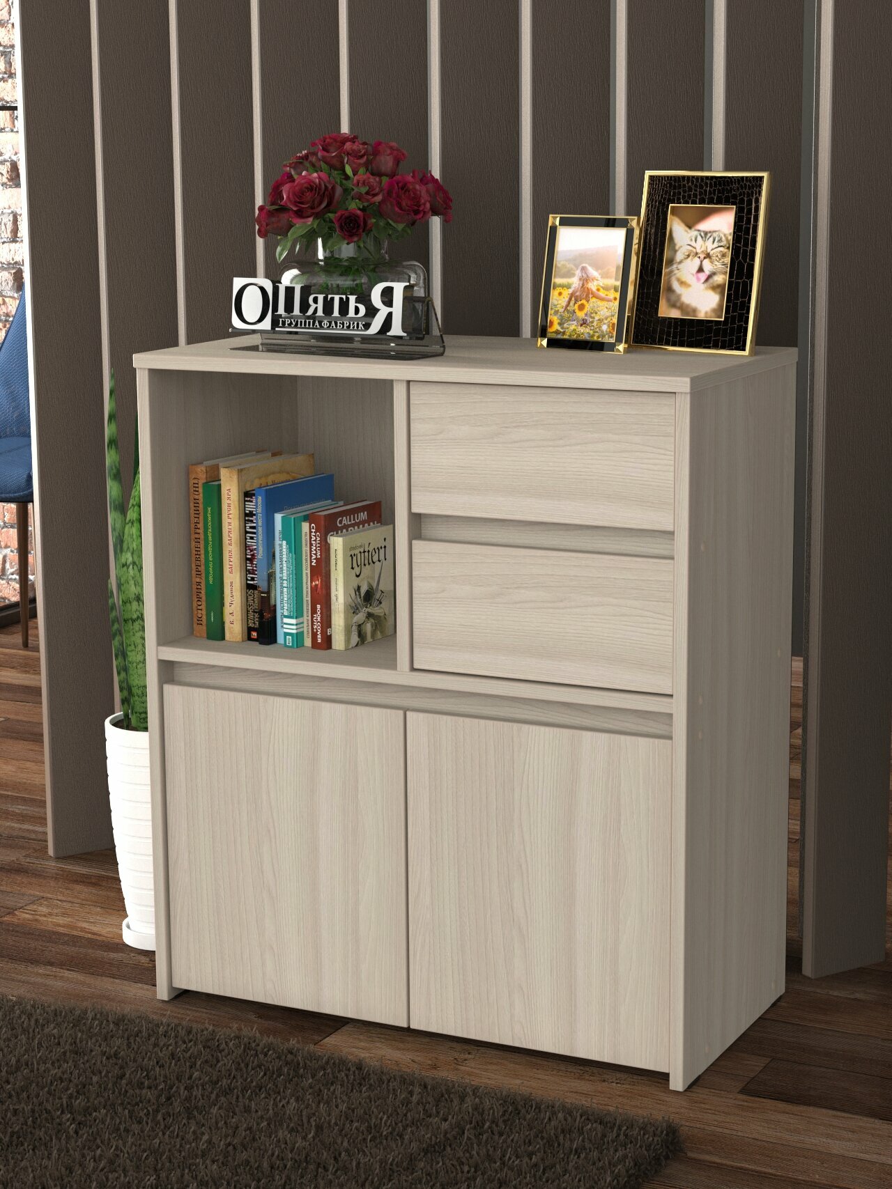 Комод деревянный №15 ясень шимо светлый 3 ящика + 1 полка широкий, высокий