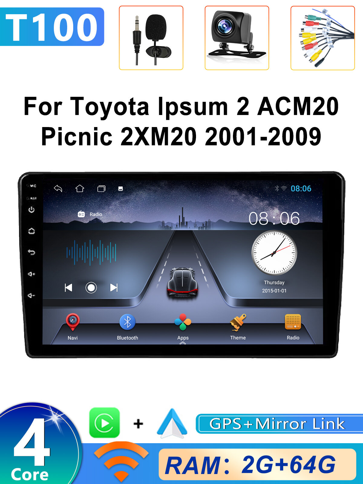 Автомагнитола Android подходит для Toyota ipsum 2 ACM20 Picnic 2 XM20 2001-2009, Bluetooth Wi-Fi Сенсорные кнопки , Серебристый CARPLAY IPS