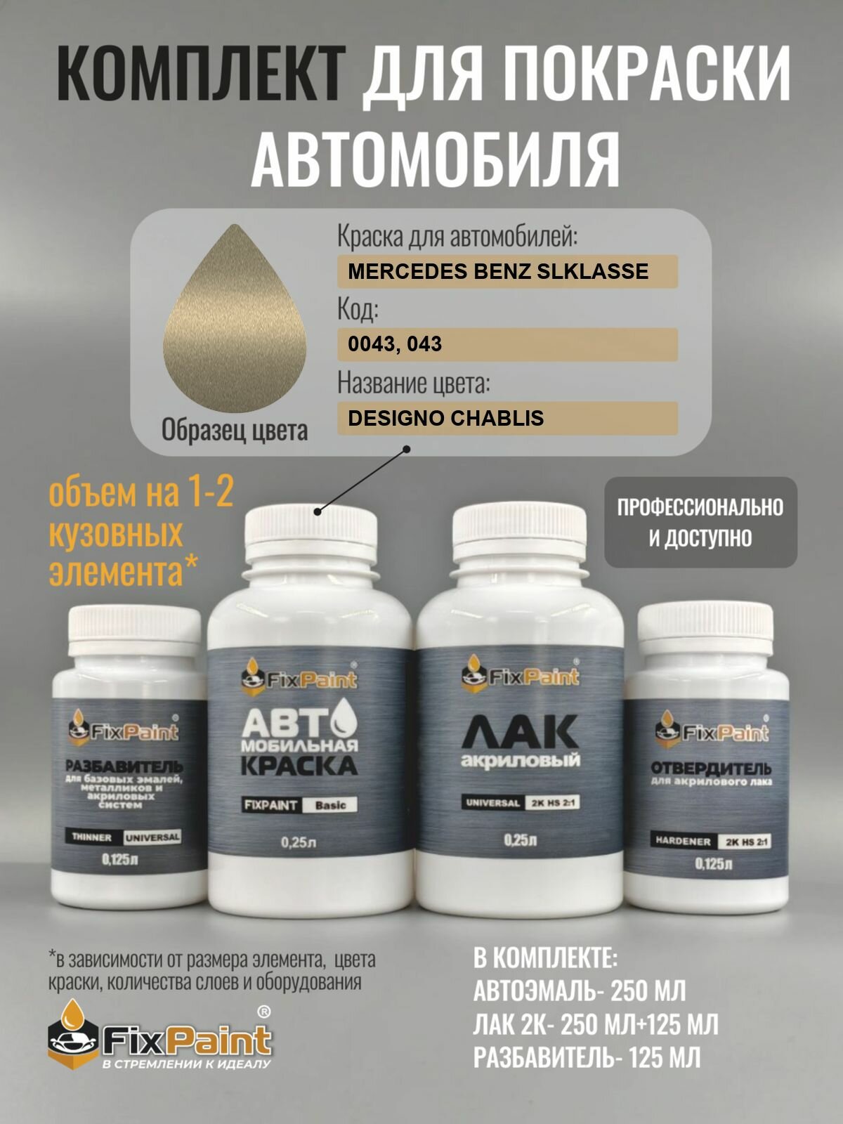 Комплект для покраски MERCEDES BENZ SLKLASSE, код 0043, 043, DESIGNO CHABLIS, базовая автомобильная краска 250 мл, лак 2K 250 мл с отвердителем, разбавитель 125 мл, FixPaint Pro