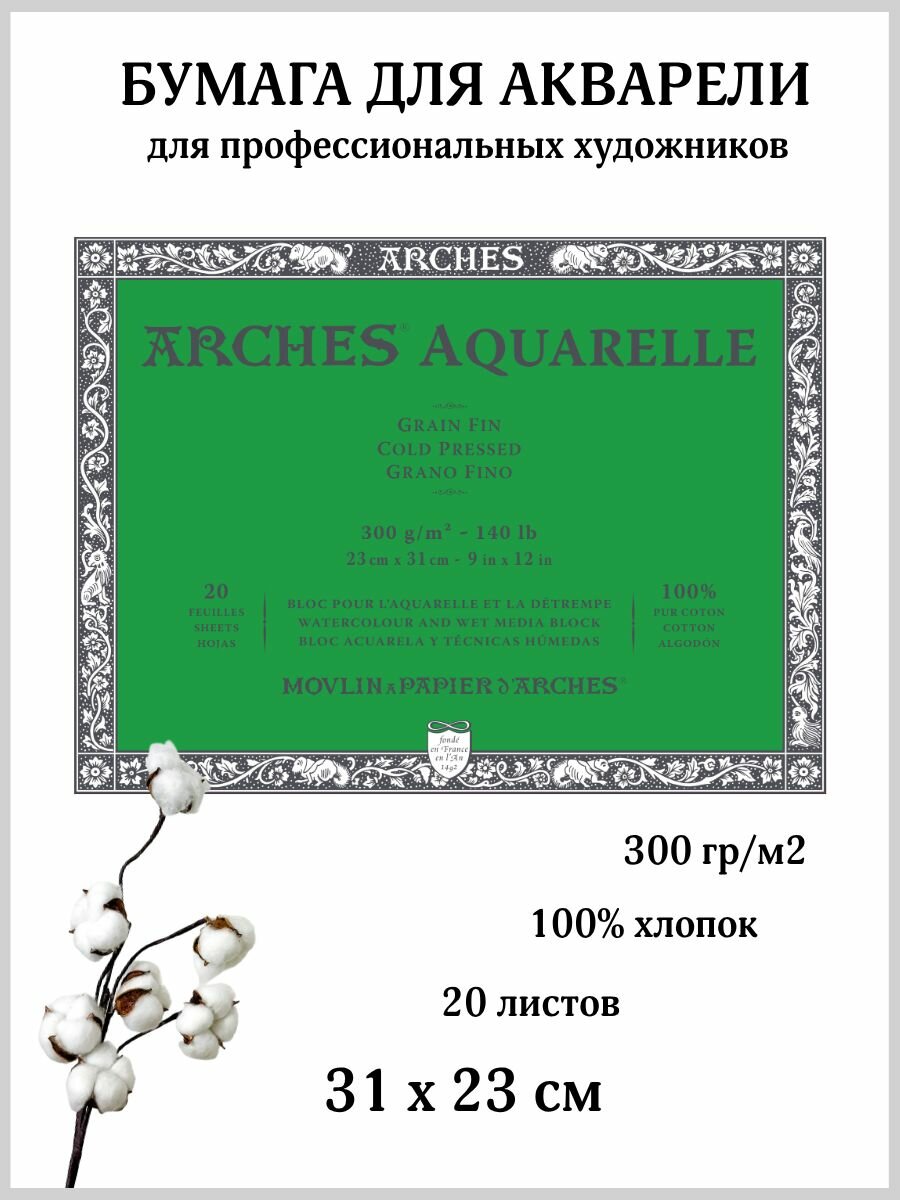 Альбом для акварели Arches CP Watercolour A1795060, 300г/м², 20листов, склейка, белый