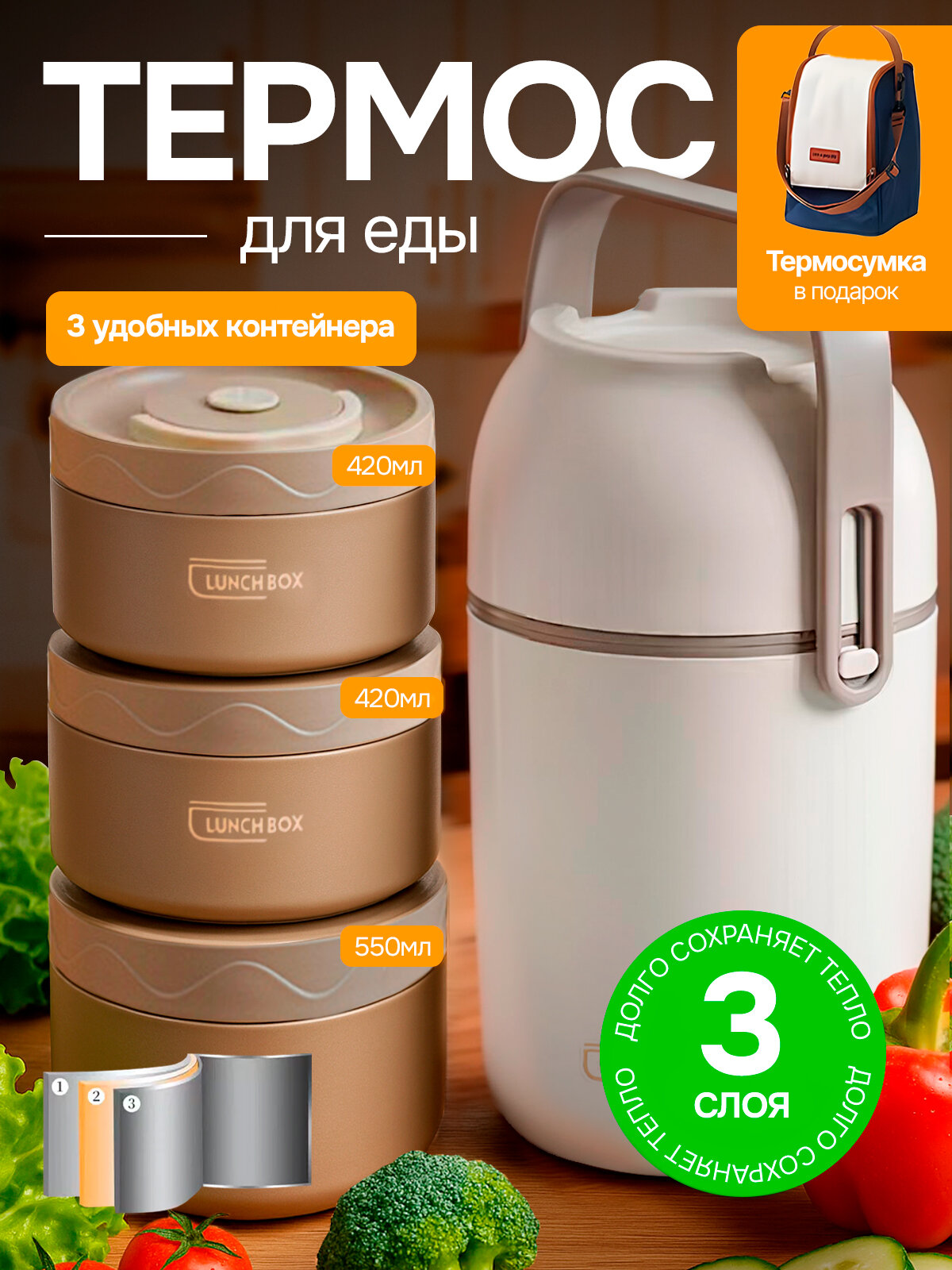 Термос для еды с контейнерами 1,5 литр