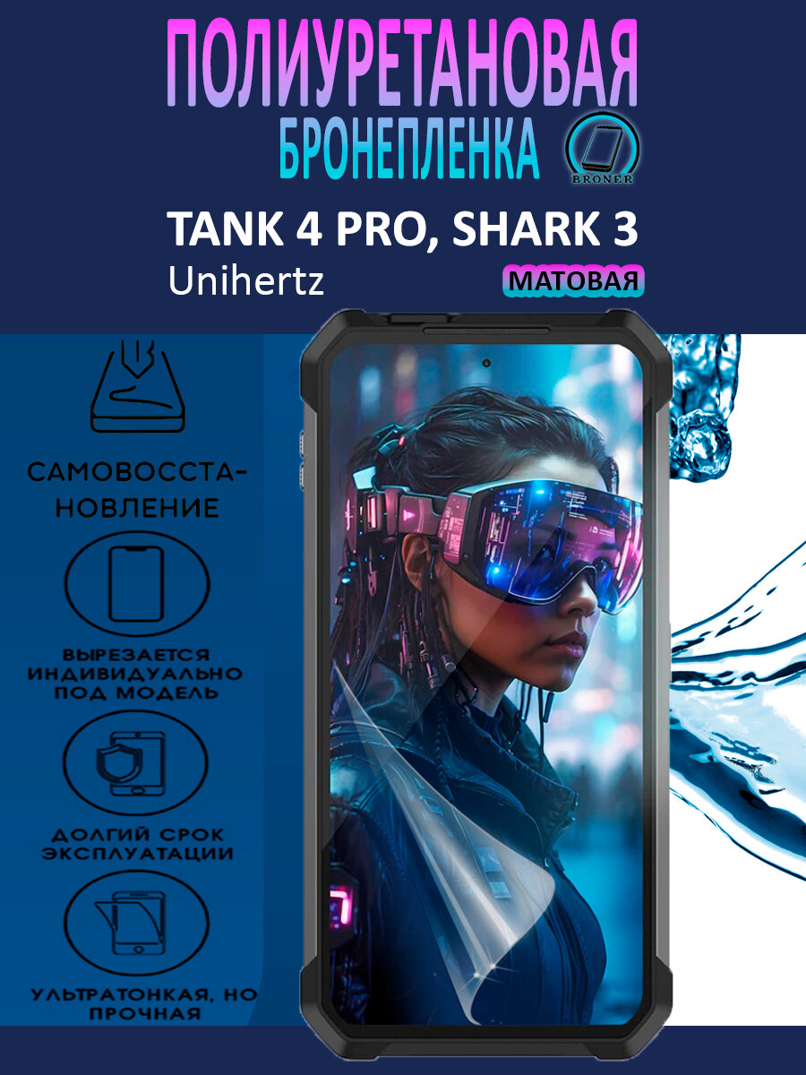 Полиуретановая бронепленка для Unihertz TANK 4 Pro, SHARK 3 / Защитная плёнка на экран, совместима с чехлом, с вырезом под камеру / Матовая