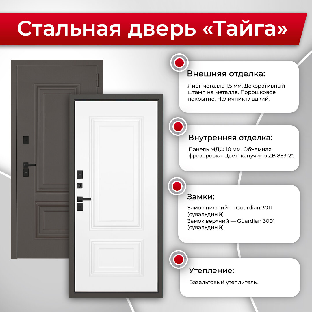 Дверь входная с терморазрывом "Тайга", с панелью цвет «белый матовый», размер по коробке 960х2050, правая.