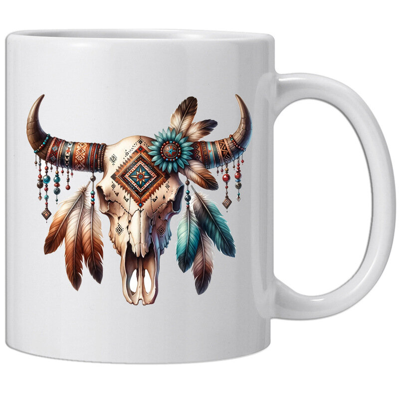 Керамическая кружка в виде черепа быка, объём 350 мл, бохо-дизайн с перьями и бусинами, художественная кофейная чашка, 8,2 x 9,5 см