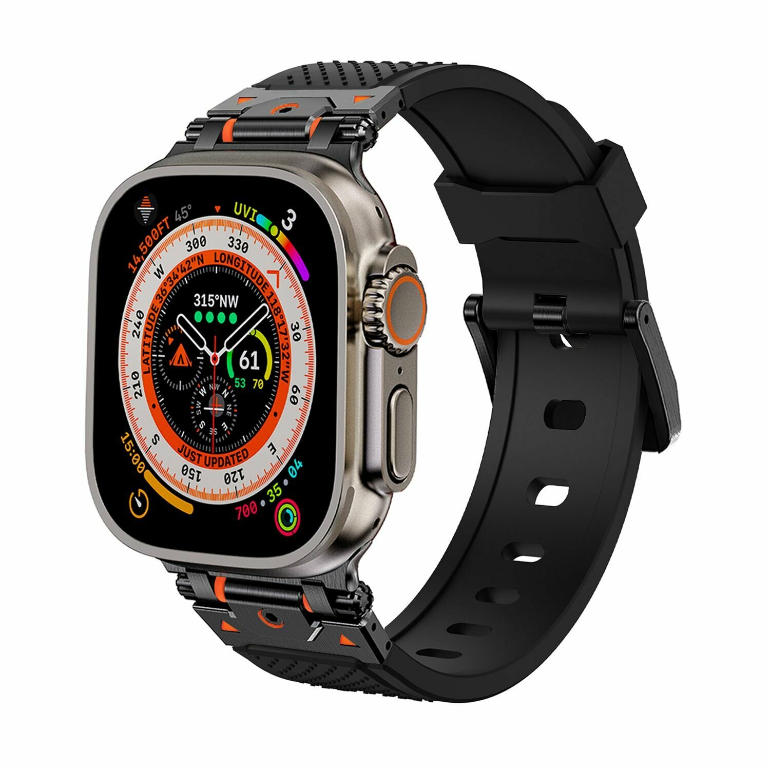 Металл + TPU силиконовый ремешок для Apple Watch Ultra 2 49 мм / 46 мм / 45 мм / 44 мм / 42 мм, сменный резиновый браслет для Apple iWatch Ultra SE Series 10 9 8 7 6 5 4 3, черный-черный