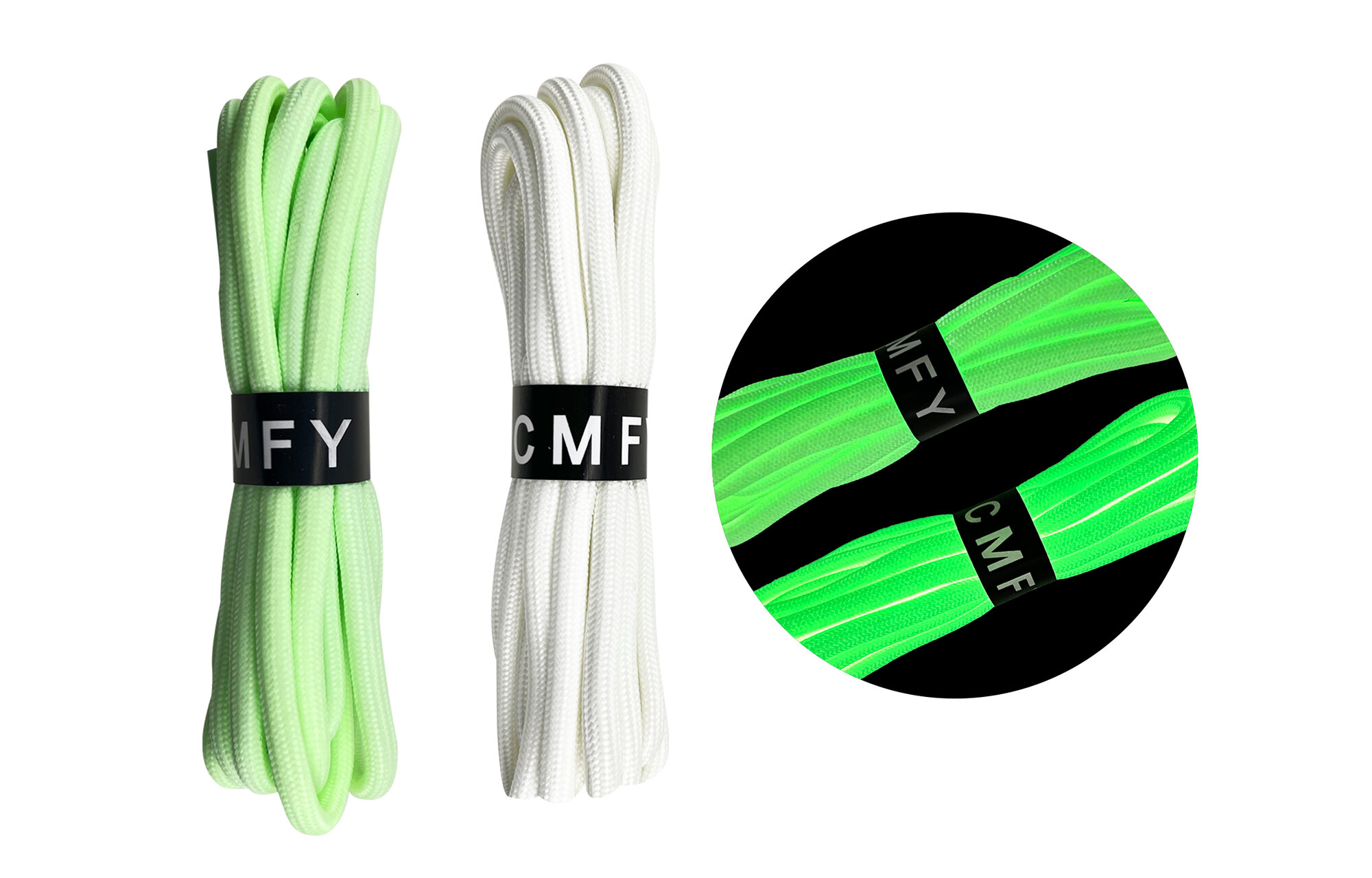 Шнурки унисекс CMFY, 140 см, мультиколор, Round Green Glow in The Dark, Round White Glow in The Dark