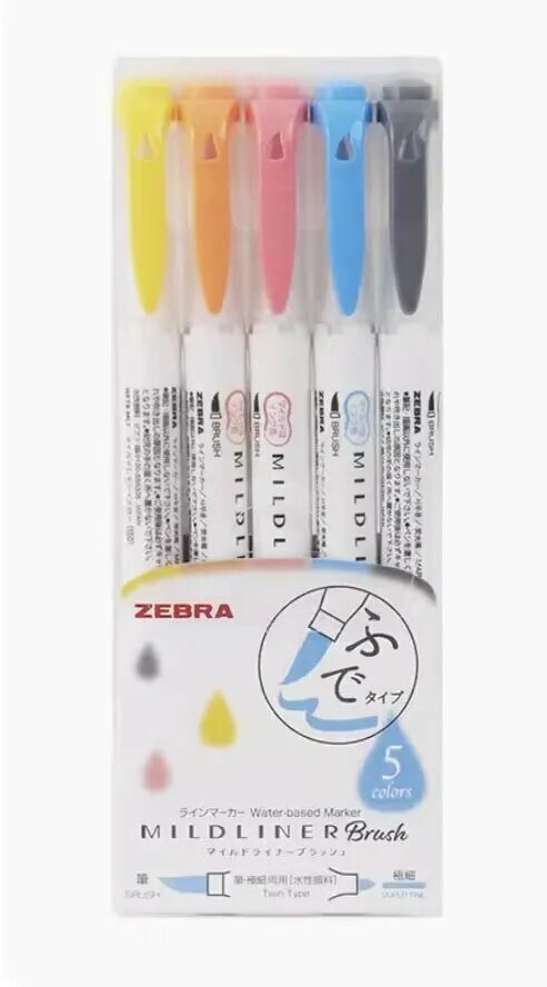 Набор маркеров Zebra Mildliner Brush, двусторонние, мягкий цвет, 5 штук