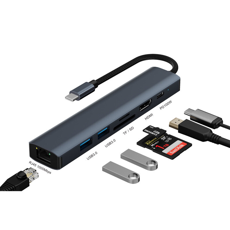 Хаб USB 3.0 7 в 1 для ноутбука Macbook. Переходник Type-C HDMI SD USB-A. Расширитель для ПК Apple с внешним питанием.