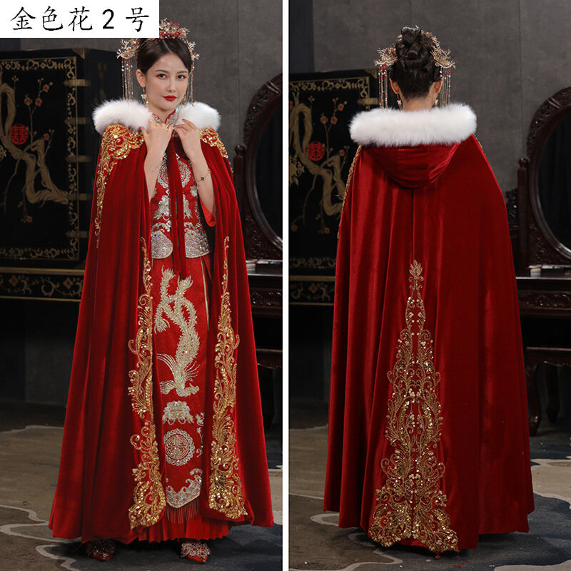 В наличии костюм Ханфу Сюхэ, утолщенный национальный стиль, красный китайский стиль, накидка с меховым воротником, свадебный шаль для невесты, зимний теплый