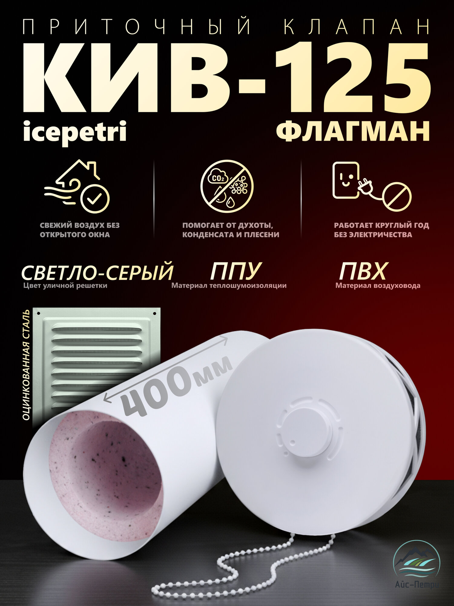 Приточный клапан КИВ-125 Флагман 400 ПВХ квадрат. реш. светло серый