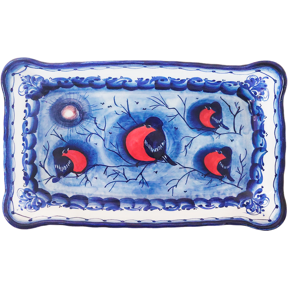 Фарфоровый салатник ручной работы "Фаворит", гжель со снегирями