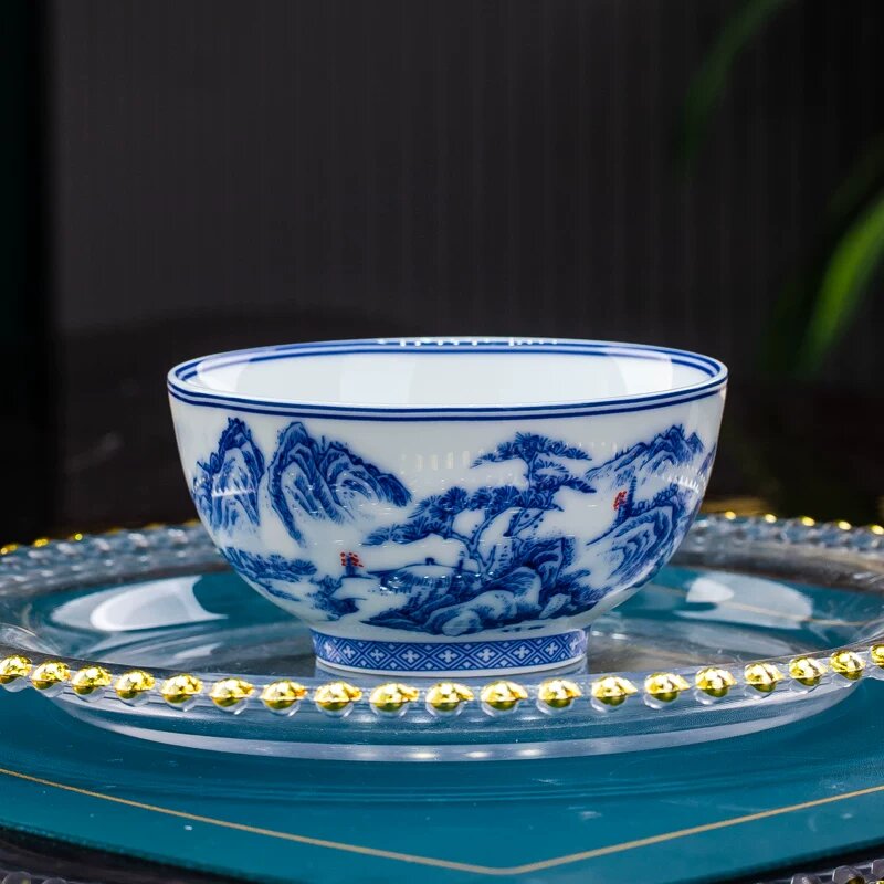 Бытовая утолщенная миска для риса, сине-белая фарфоровая миска для риса, большая миска для супа, толстая миска для