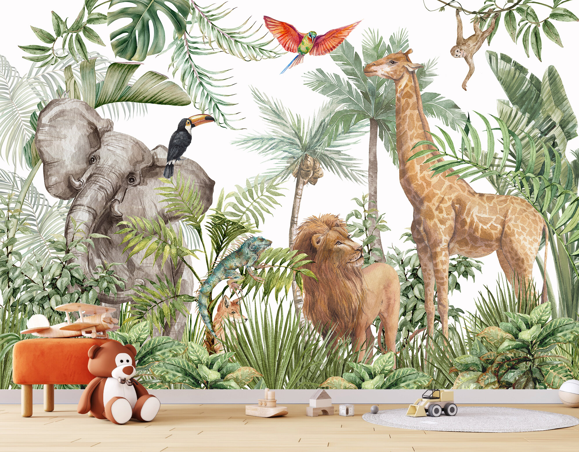 Фотообои на стену флизелиновые детские Тропический лес и животные 400х270 см