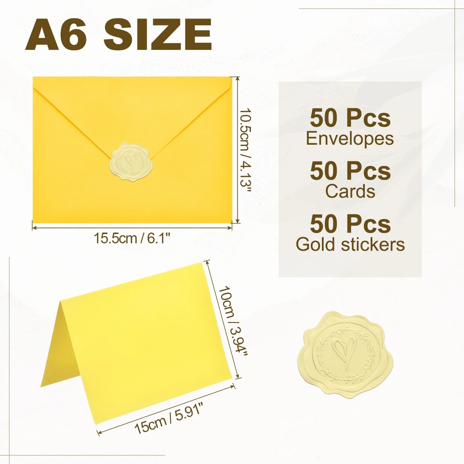 Бумажные конверты А6 с карточками и золотыми наклейками, 50 шт Lemon Yellow