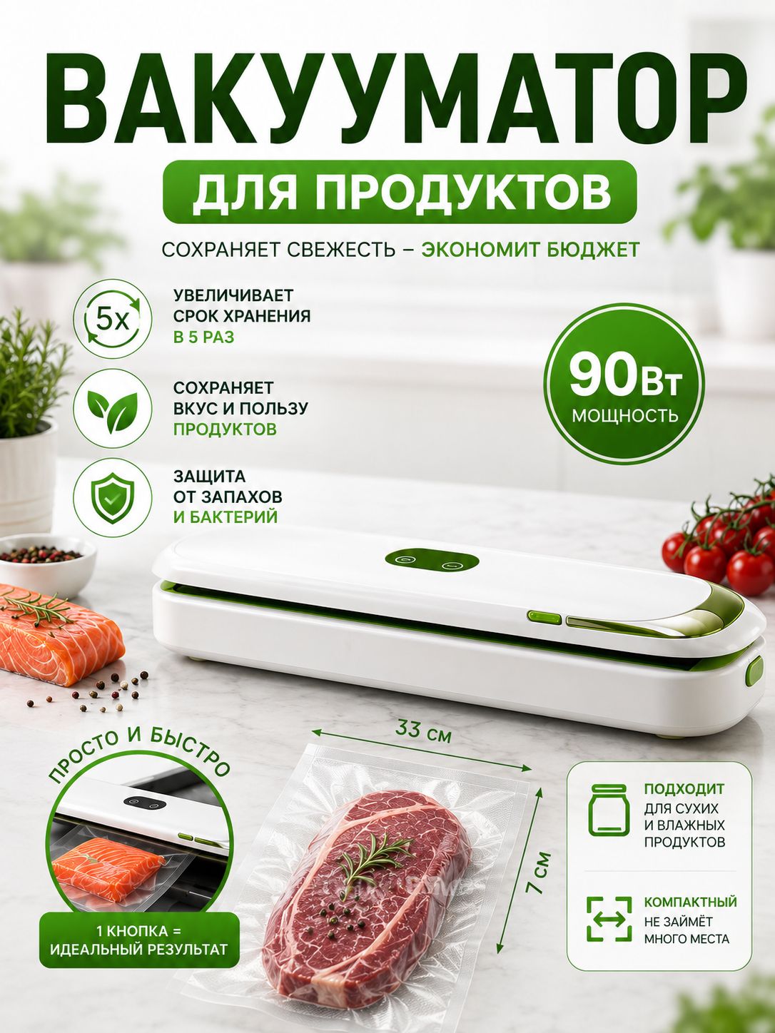 Вакууматор для упаковки продуктов 90 Вт, вакуумный упаковщик, увеличивает срок хранения в 5 раз