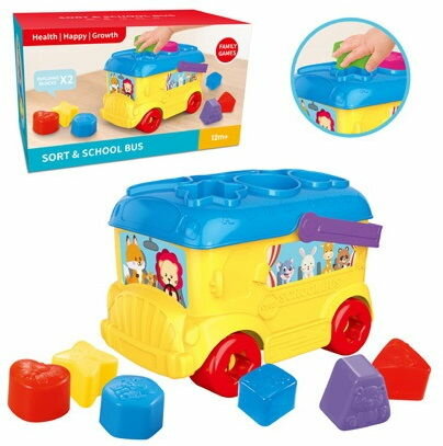 Игрушка-сортер "Автобус" (16 предметов) в коробке геометрические фигуры с животными, автобус-сундук для хранен.