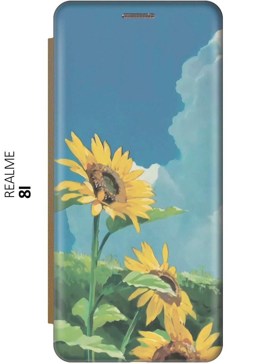 Чехол-книжка Три подсолнуха в поле на Realme 8i / Рилми 8 ай золотой