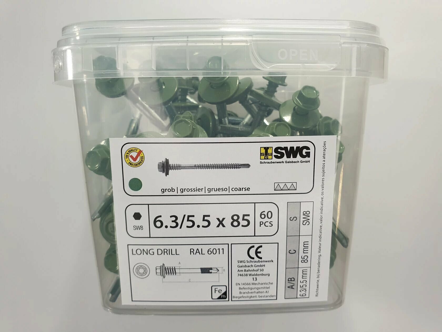 Саморез для сэндвич панелей RAL 6011 6.3l5.5x85 (60 pcs) длинный бур SWG, Германия