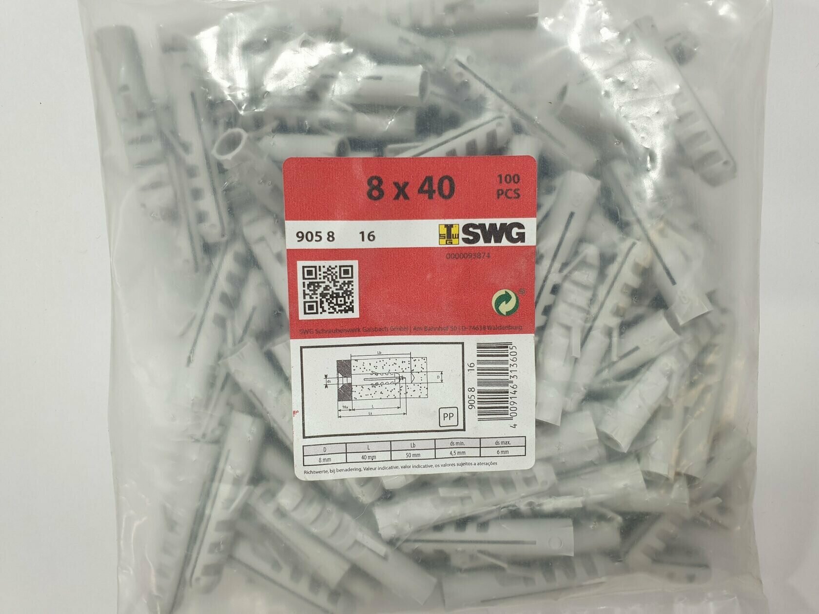 Дюбель распорный универсальный 8x40 (100 pcs) в 1уп-5шт SWG, Германия