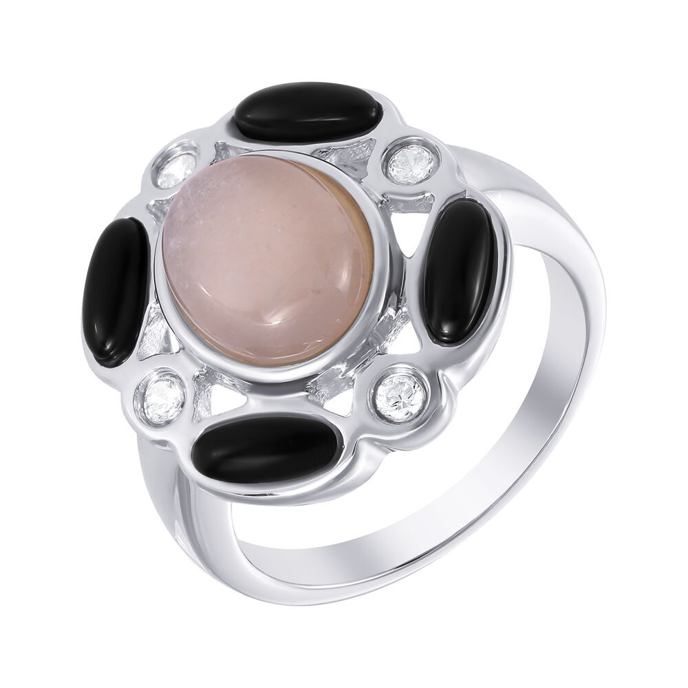 Кольцо, серебро, 925 проба, оникс, лунный камень, фианит