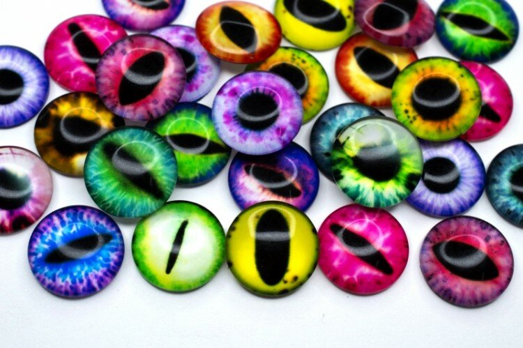Кабошон стеклянный круглый с принтом Глаз, 16х5мм, микс цветов, 2030-061, 10шт