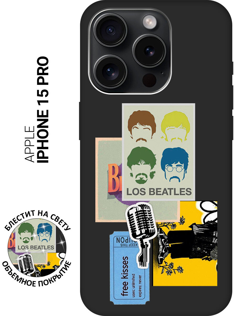 Силиконовый чехол на Apple iPhone 15 Pro / Эпл Айфон 15 Про с рисунком "Beatles Stickers" Soft Touch черный