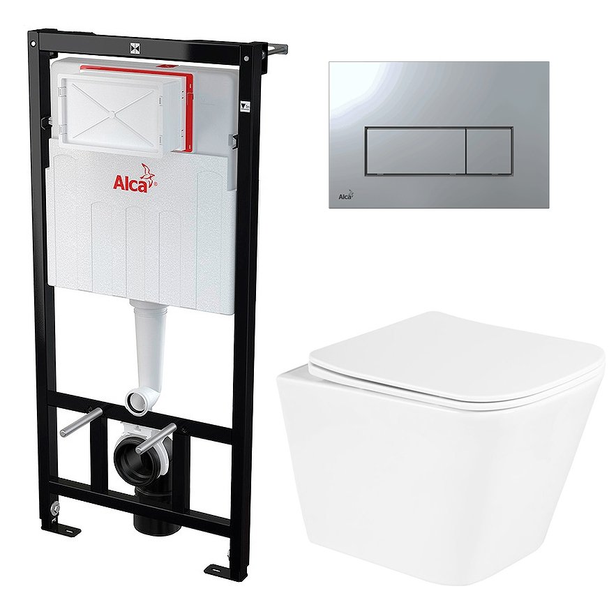 Комплект 3 в 1 инсталляция AlcaPlast + Унитаз подвесной BelBagno Due BB3103CHR/SC + кнопка хром