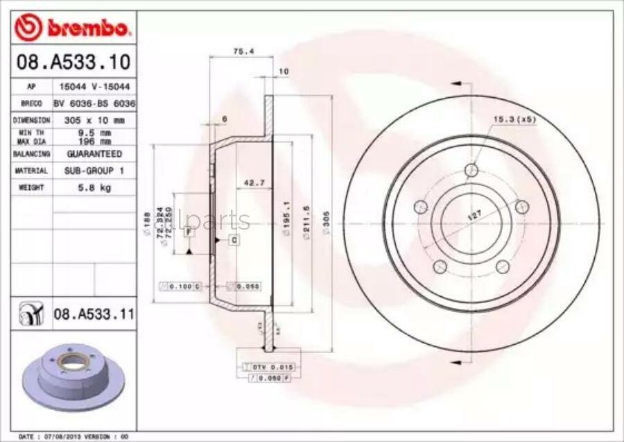 BREMBO 08. A533.11 Диск торм. зад.[305x10] 5 отв.