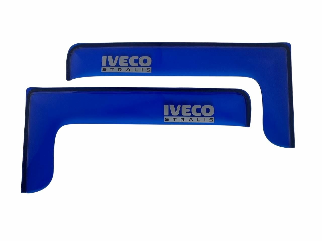 Дефлекторы дверей (ветровики) с лого на IVECO Stralis (короткий), Синие