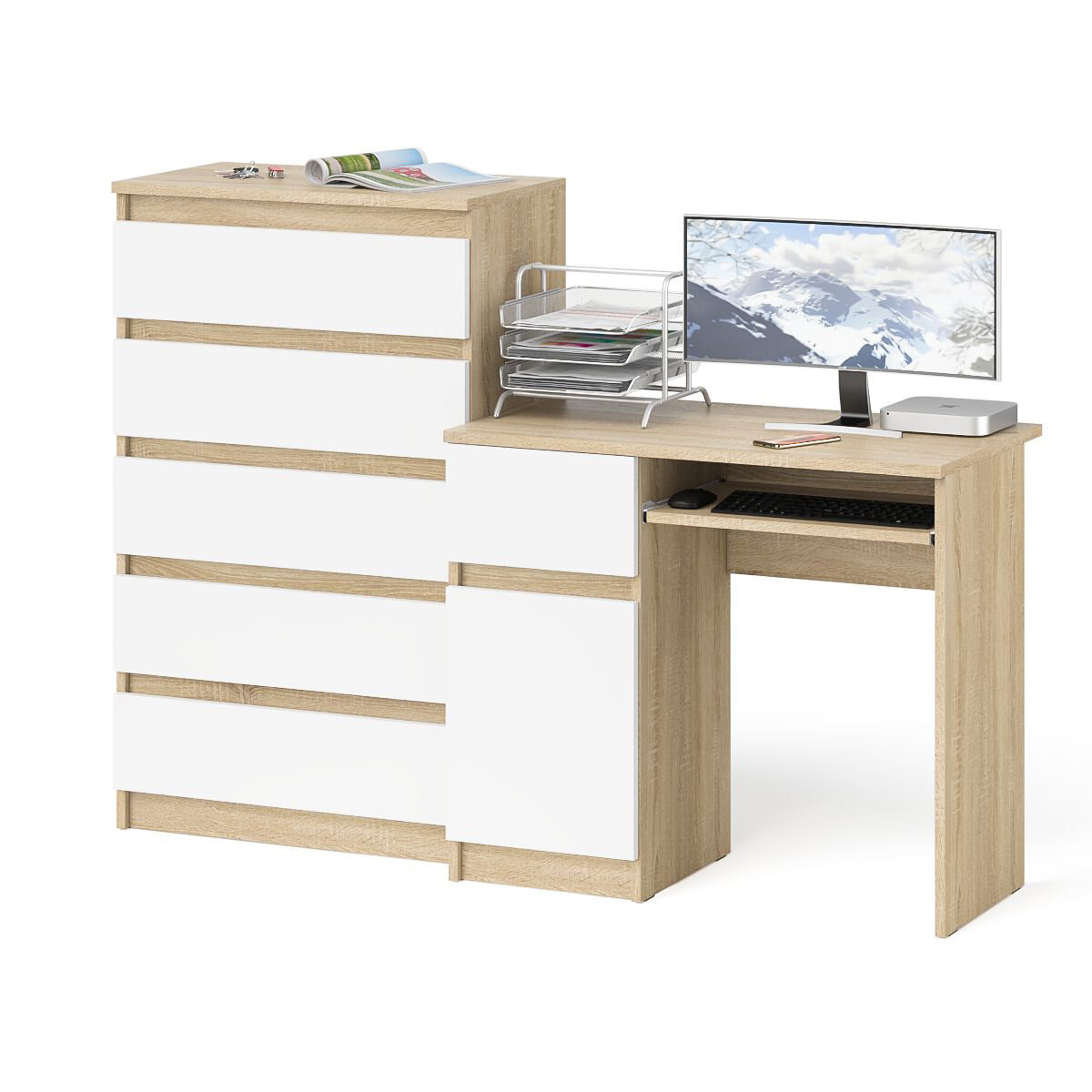 Стол компьютерный дверка и ящик слева СВК Мори МС-1 и высокий комод 5-ть ящиков цвет дуб сонома/белый, 160,4х50х114 см.