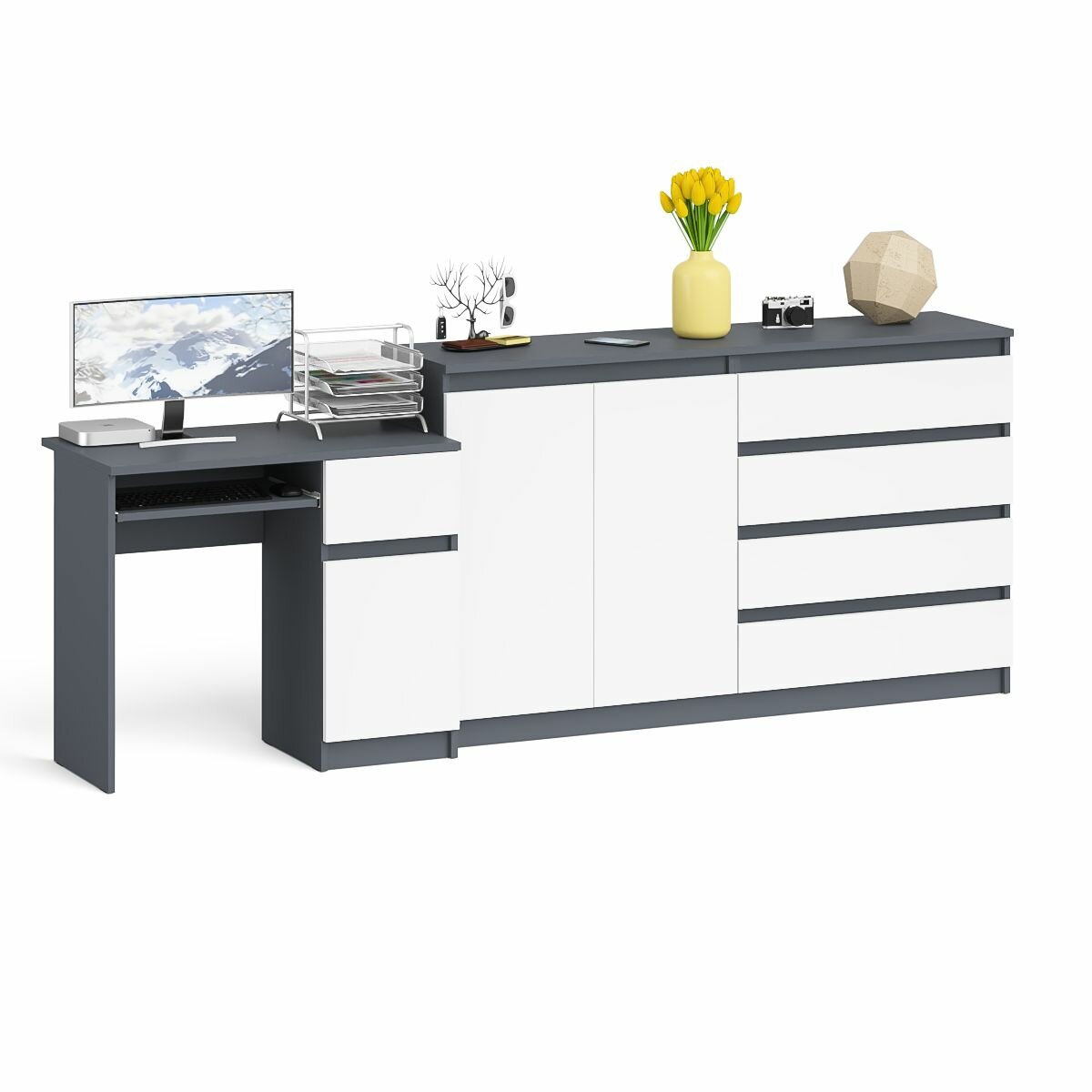 Комод-тумба ящики и дверки СВК Мори 11600 и стол компьютерный правый цвет графит/белый, 250,4х50х94 см.