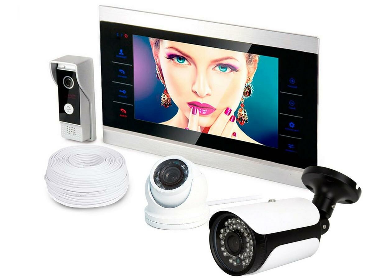 Набор: видеодомофон HDcom S-104 и камеры купольная камера KDM-6413G уличная камера KDM-6215G - запись по движению в подарочной упаковке