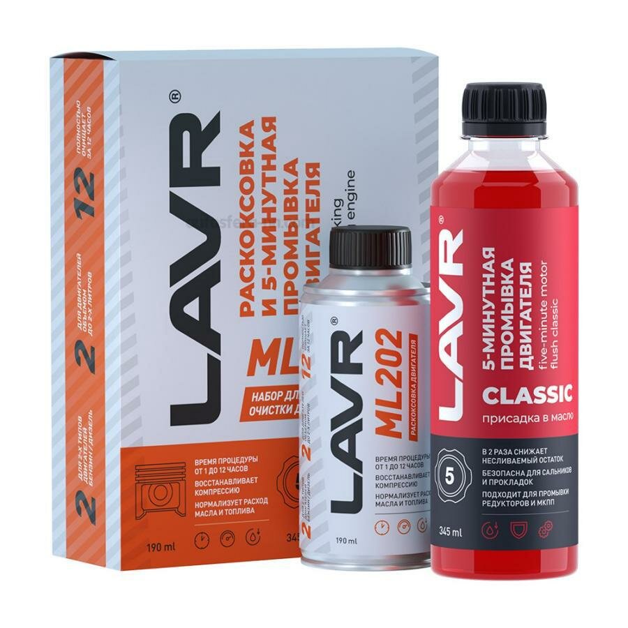 LAVR LN2505 Набор: Раскоксовывание LAVR МL-202 Anti Coks + Промывка двигателя Motor Flush комплект 185мл/ 330мл