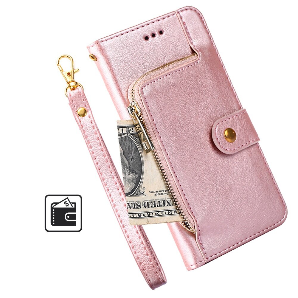 Защитный чехол-портмоне Чехол. ру из кожи на силиконовой основе для Sony Xperia 1 III (1-3) с визитницей и внешним карманом на молнии цвет розовое з.