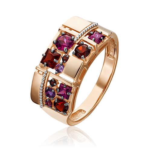 Кольцо, комбинированное золото, 585 проба, гранат, аметист