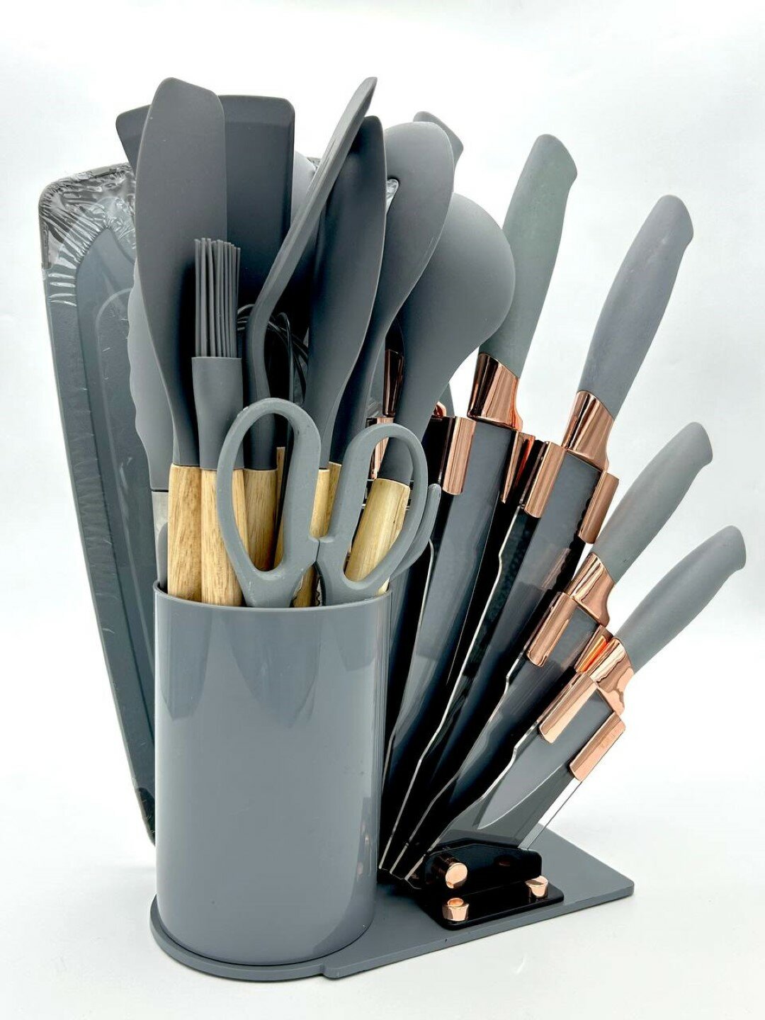 Набор кухонных принадлежностей на подставке, силиконовый с деревянной ручкой, 20 предметов, кухонная навеска, серая