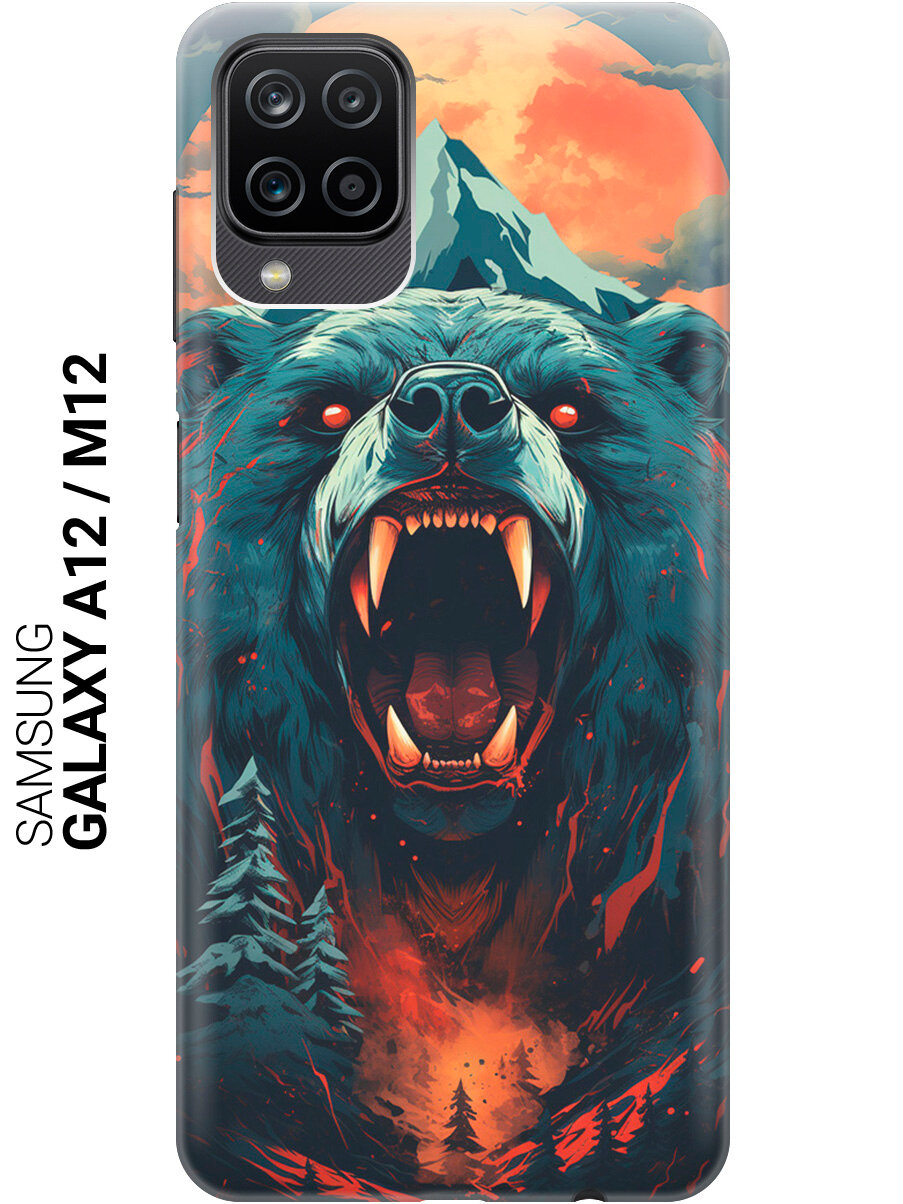 Силиконовый чехол на Samsung Galaxy A12 / M12 / Самсунг А12 / М12 с рисунком "Гризли при красной луне"