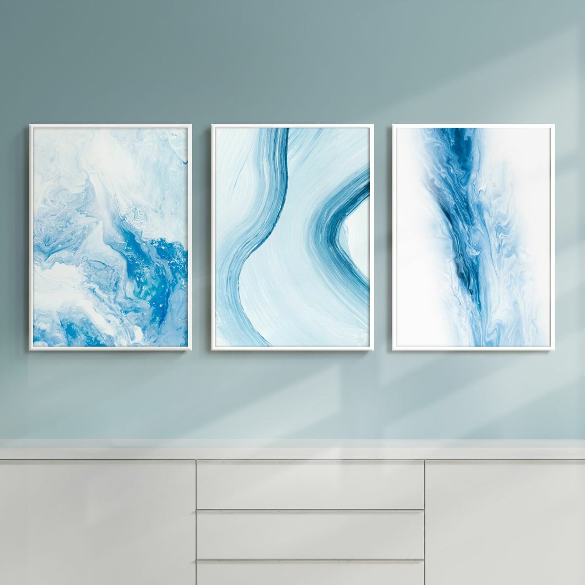 Постер 3 шт 40х50 без рамки "Абстракция в голубых тонах" набор картин для интерьера