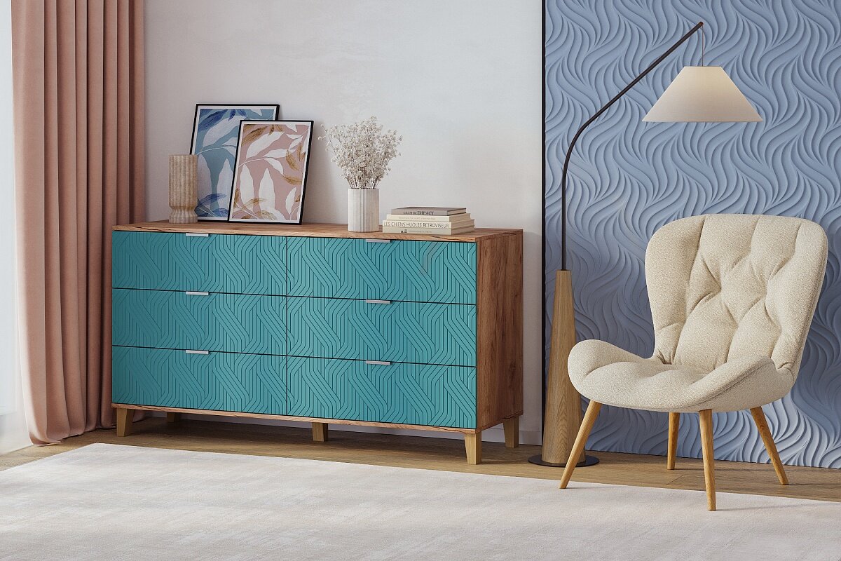 Комод МебельЛэнд24 Марвин 7 фрезеровка 3 Аквамарин 140x40x80 синий с 6 ящиками