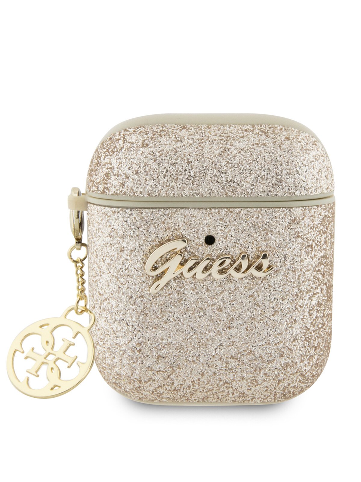 Guess для Airpods 1/2 чехол Glitter flakes Metal logo with Charm Gold