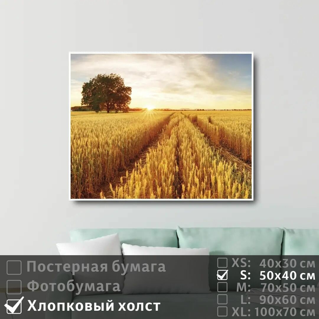 Постер на холсте Восход Солнца Над Пшеничным Полем 50х40 см ПолиЦентр
