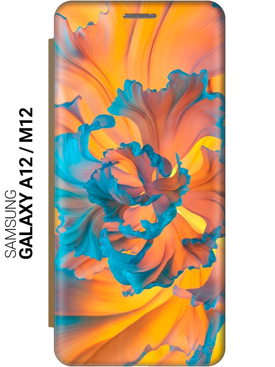 Чехол-книжка на Samsung Galaxy A12 / M12 / Самсунг А12 / М12 с рисунком "Желто-голубой цветок" золотистый