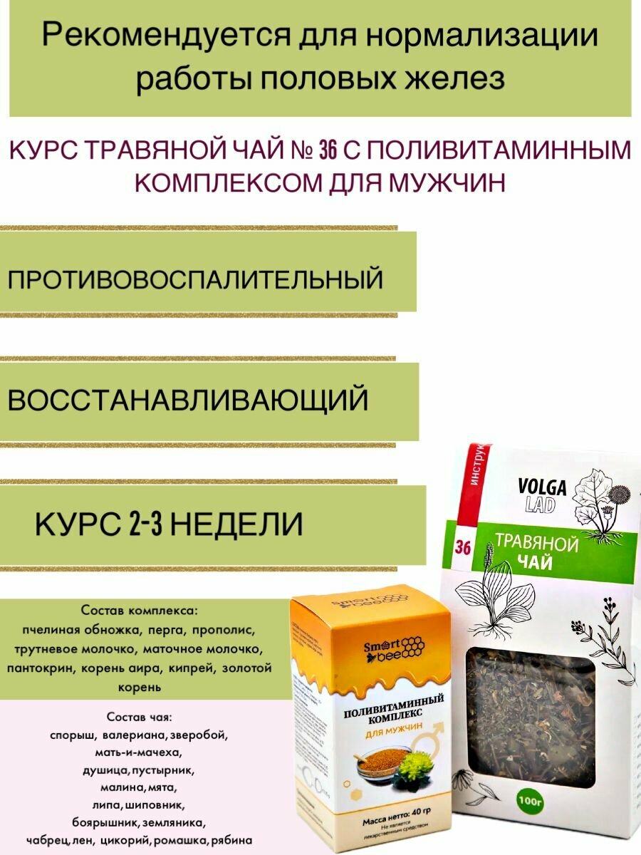 Набор для нормализации работы половых желез Травяной чай ВолгаЛадь-36 с поливитаминным комплексом "Для мужчин" 2 шт 70/100 г