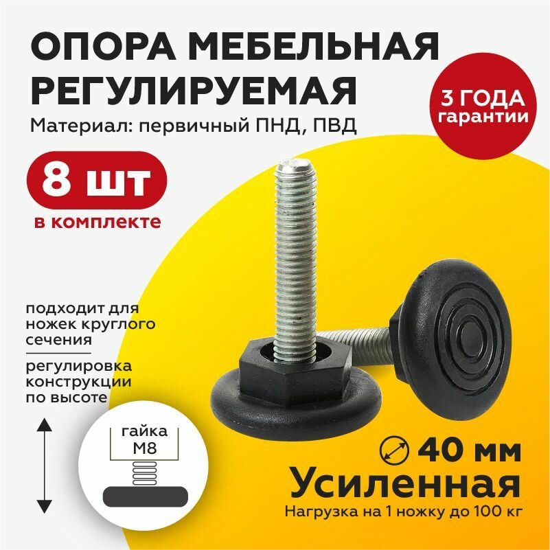 Опора регулируемая резьбовая (8шт) опора ножка мебельная винтовая М8х40 диаметром 40мм под ключ усиленная (8шт)