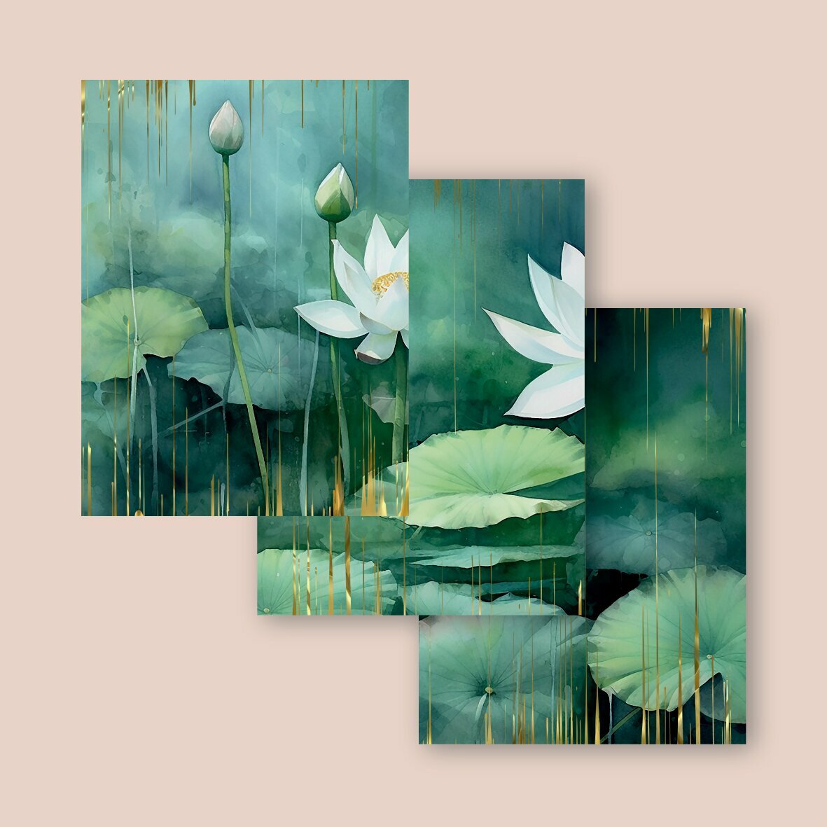 Постеры интерьерные золотые (3 штуки, 30х40 см). Картины /декор для дома / интерьерный коллаж. Лотосы
