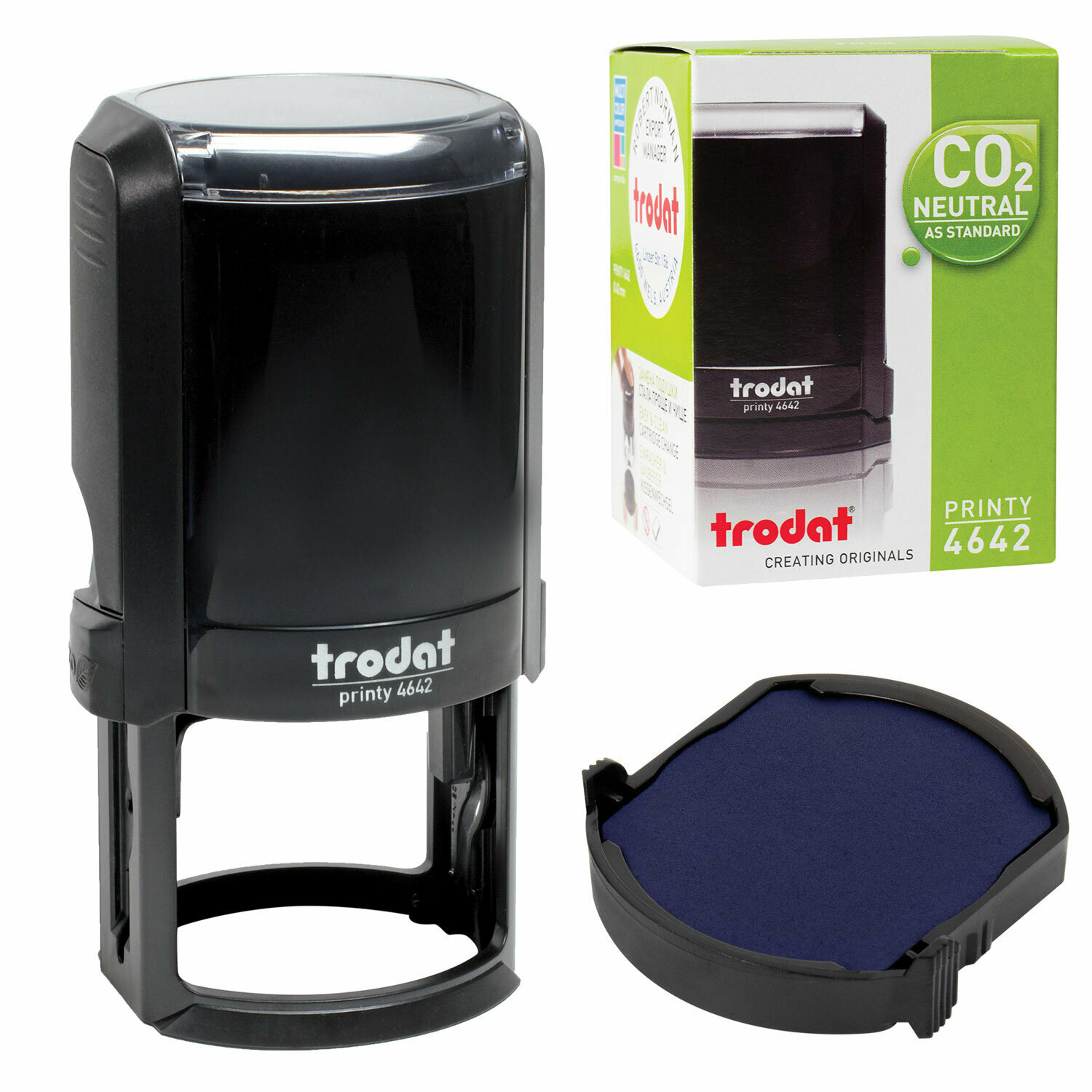 Упаковка 2 шт. Оснастка для печатей оттиск D=42 мм синий, TRODAT 4642 PRINTY 4.0, корпус черный, крышка, подушка